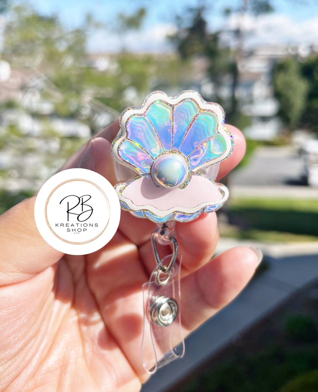 Oyster With Pear Badge Reel | Seashell Badge Reel | Cute Badge Holder ...