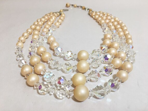 Vintage 4 Tier Beige & Clear Rondell Bead Necklace; V… - Gem