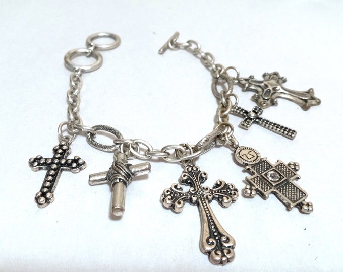 Modern Silver Tone Multi Cross Charm Bracelet; Cross Bracelet; Silver ...