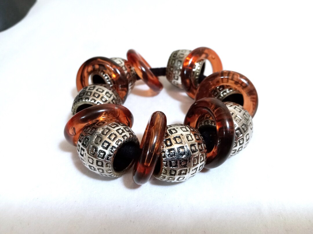 Modern Silver Tone Bulky Bead Tortoise Shell Stretch Bracelet; Bead ...