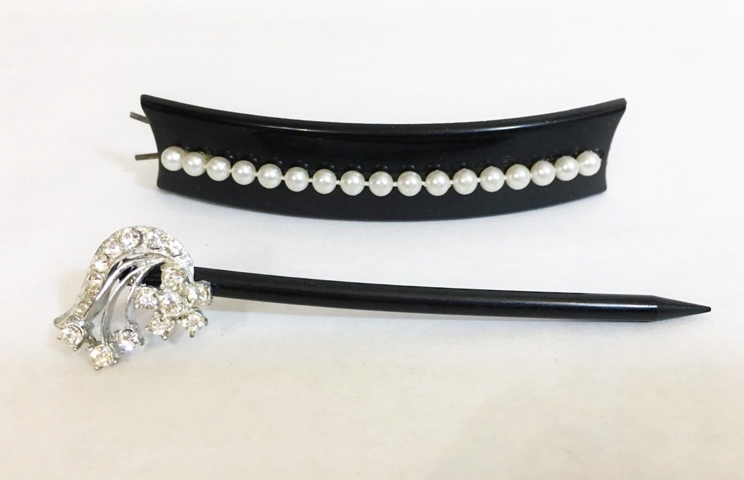 Vintage Art Deco Black Bakelite or Lucite Hair Accessories; Vintage ...