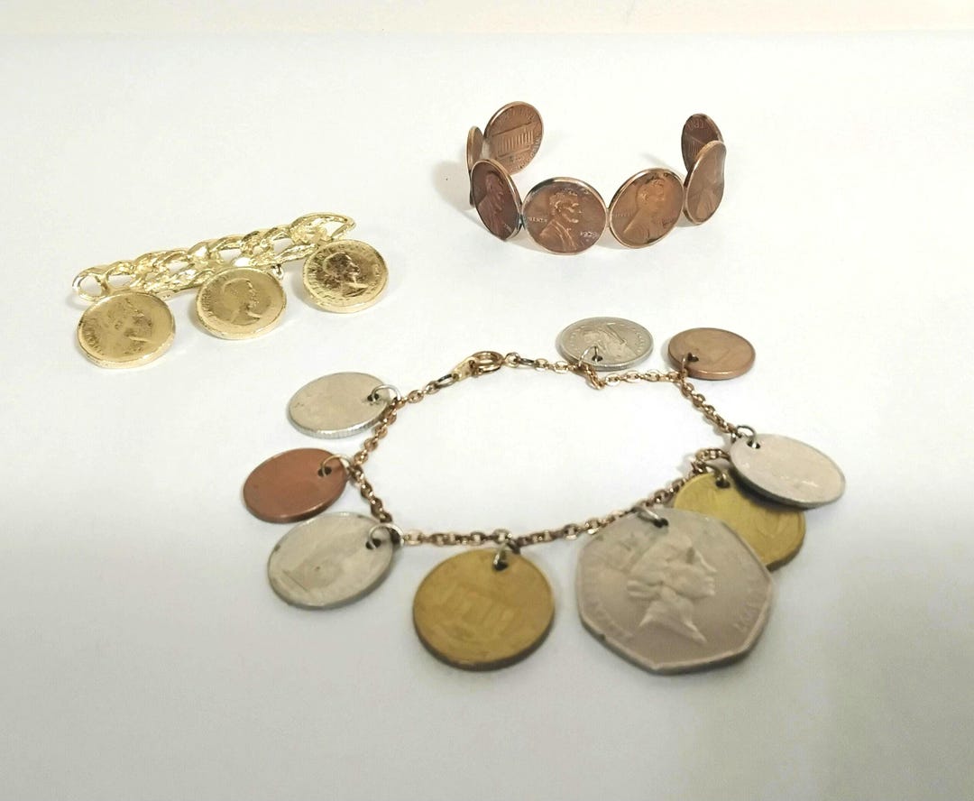 Vintage Coin Jewelry Lot; Coin Theme Jewelry; Penny Bracelet; Foreign ...
