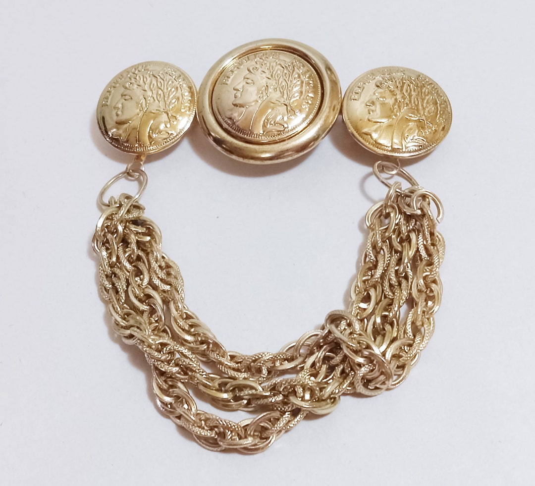 Vintage Gold Tone Faux Coin Bar & Chain Brooch Vintage Gold Tone Coin ...
