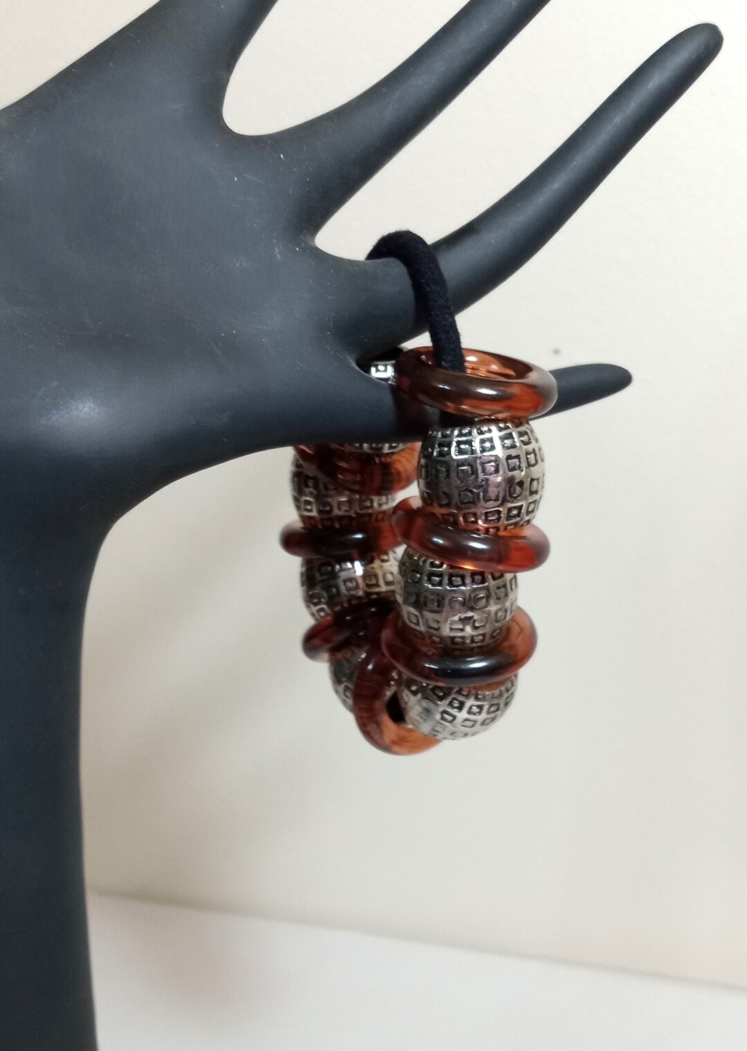 Modern Silver Tone Bulky Bead Tortoise Shell Stretch Bracelet Bead ...