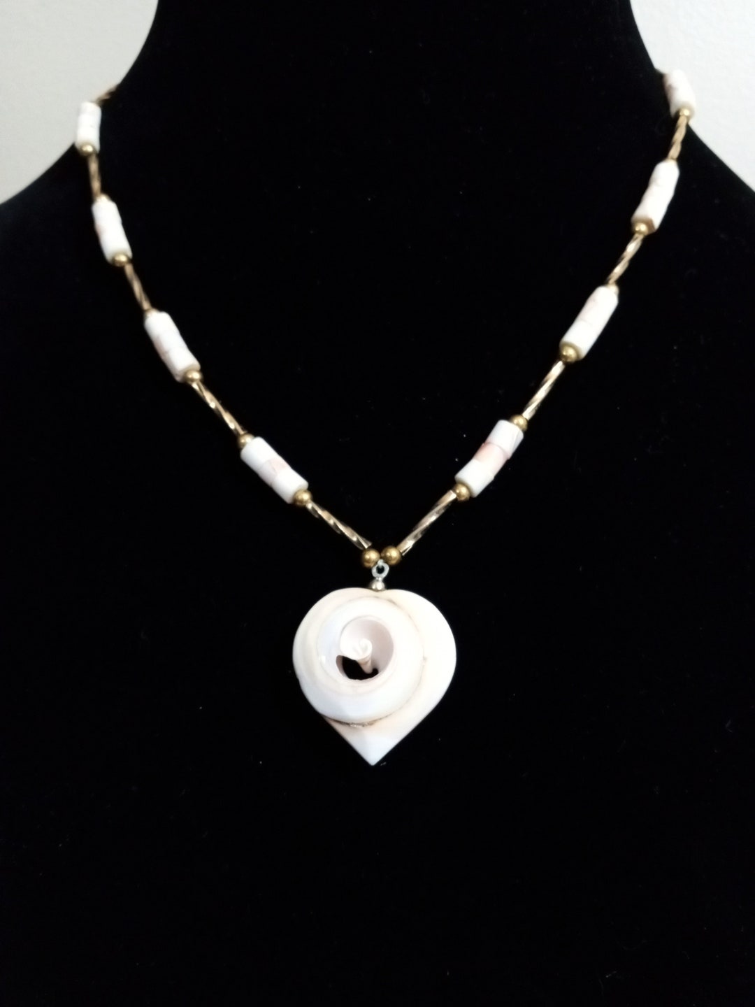 Vintage Gold Tone Tube Bead & Shell Heart Pendant Necklace; Vintage ...