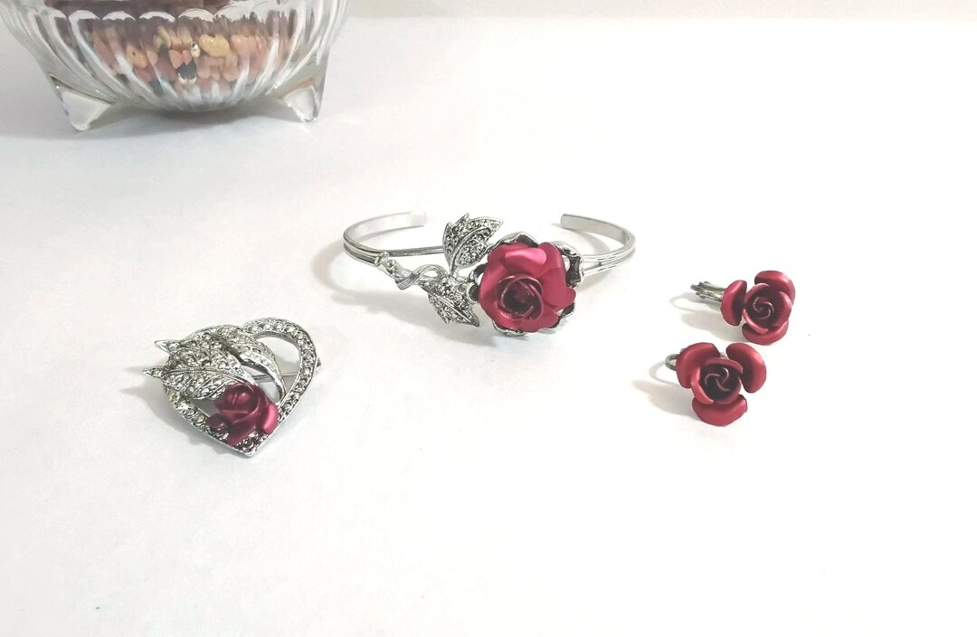 Vintage Marcasite Red Rose Jewelry Set: Silver Tone Cuff, Brooch ...