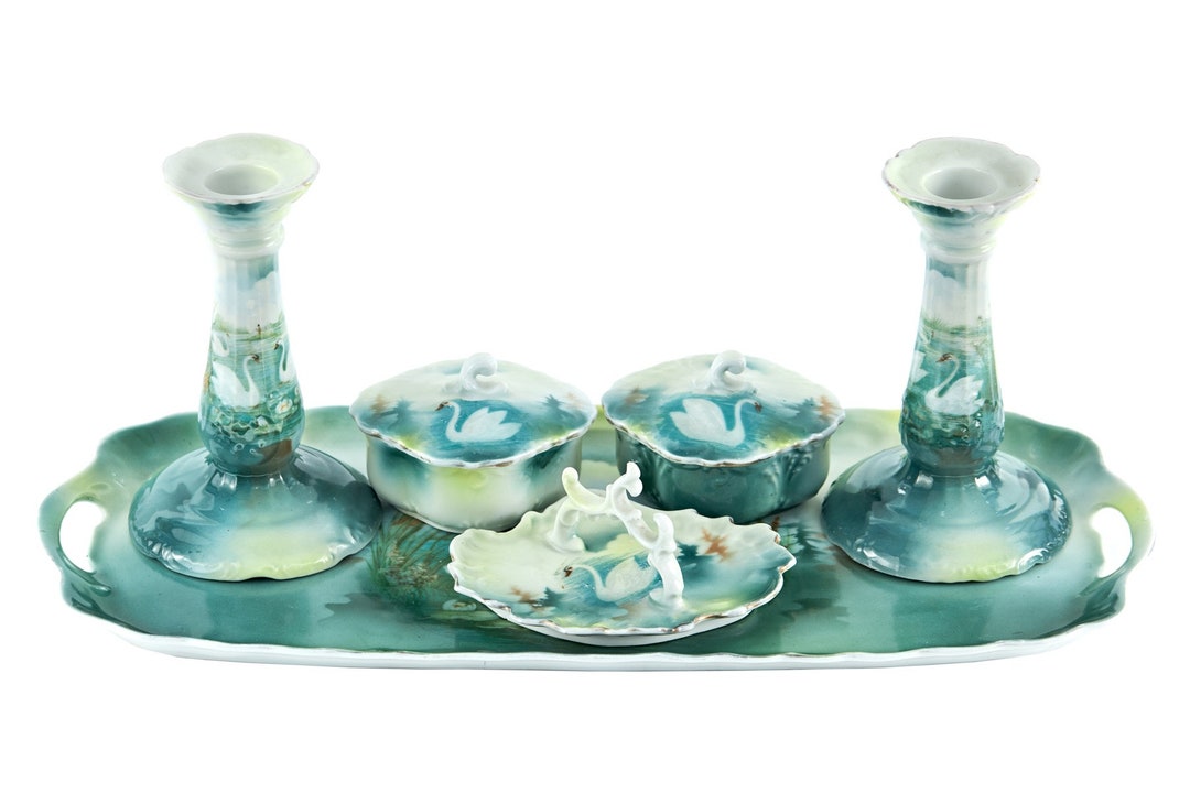 Antique Dressing Table Set Porcelain Green With Swans - Etsy