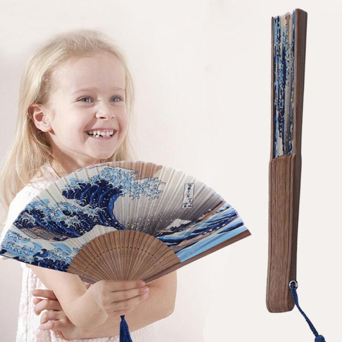 Japanese Hand Fan Summer Bamboo Silk Wave Handheld Folding - Etsy