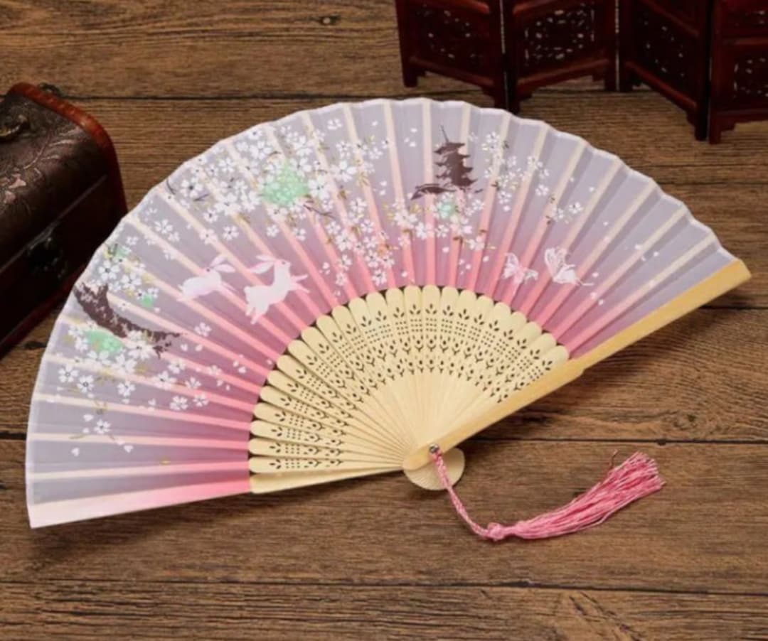 Pink Silk Bamboo Handheld Folding Fans Rabbit Flowers Fabric Hand Fan ...