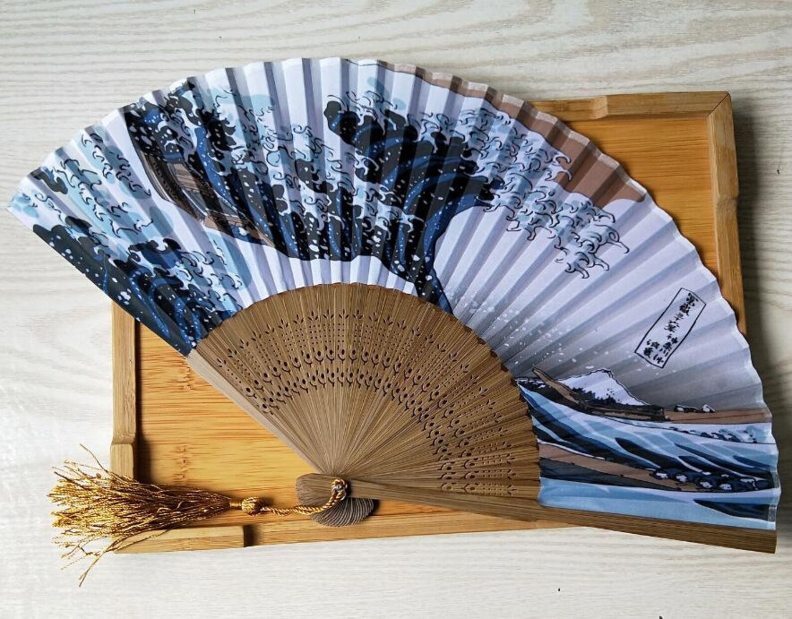 Japanese Hand Fan Summer Bamboo Silk Wave Handheld Folding - Etsy
