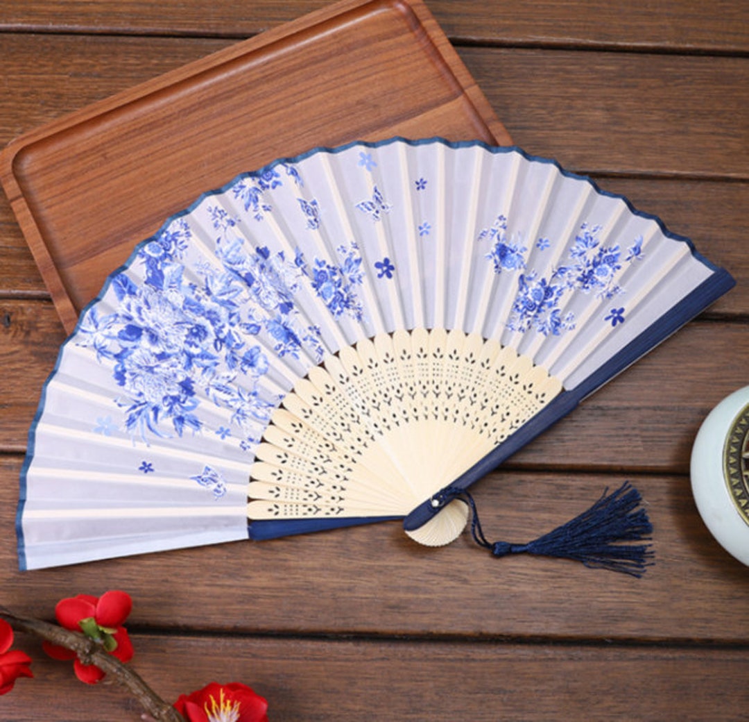 Blue Butterfly Flower Silk Bamboo Fan Handheld Folding Fans ...