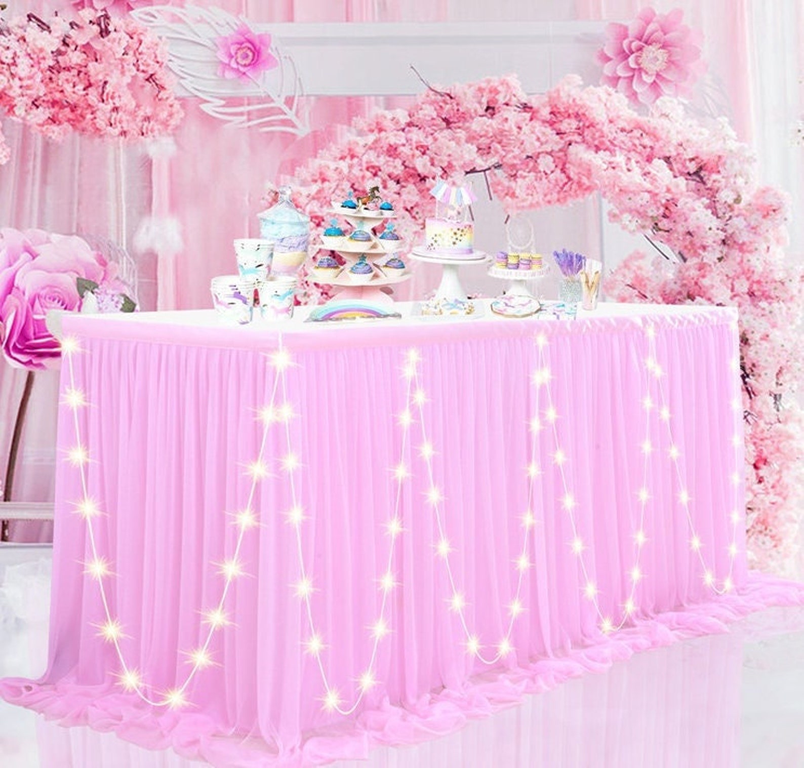 Table Skirt With LED Light Birthday Dessert Table Tablecloth Double ...