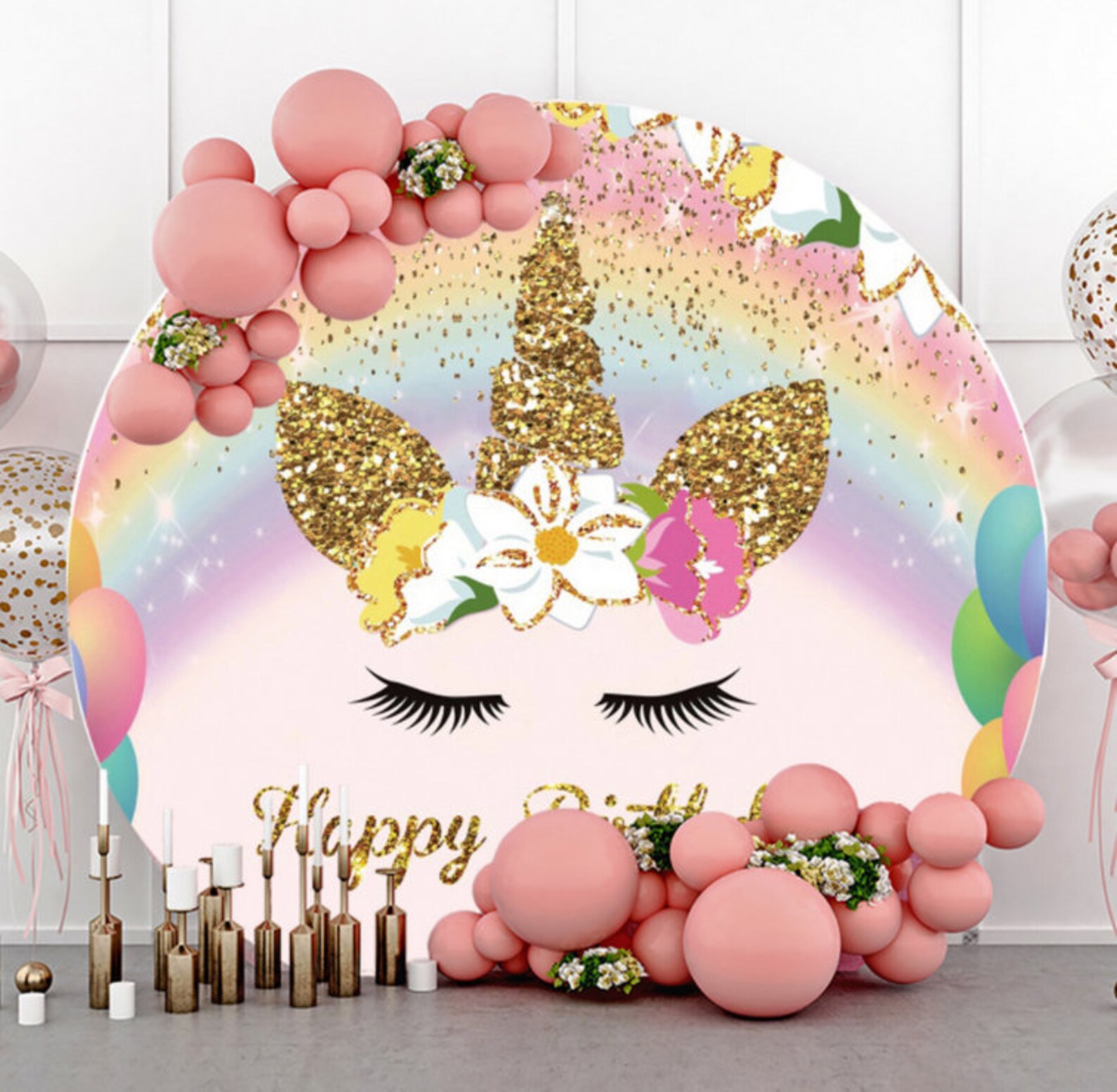 Rainbow Unicorn Floral Round Backdrop for Baby Girls Birthday Party ...