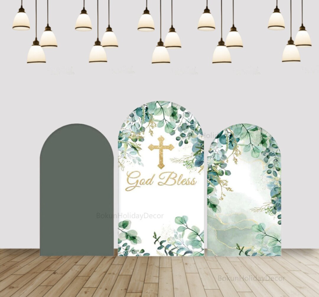 God Bless Arched Backdrops Cover Green Leaves Cross Party Decoration ...