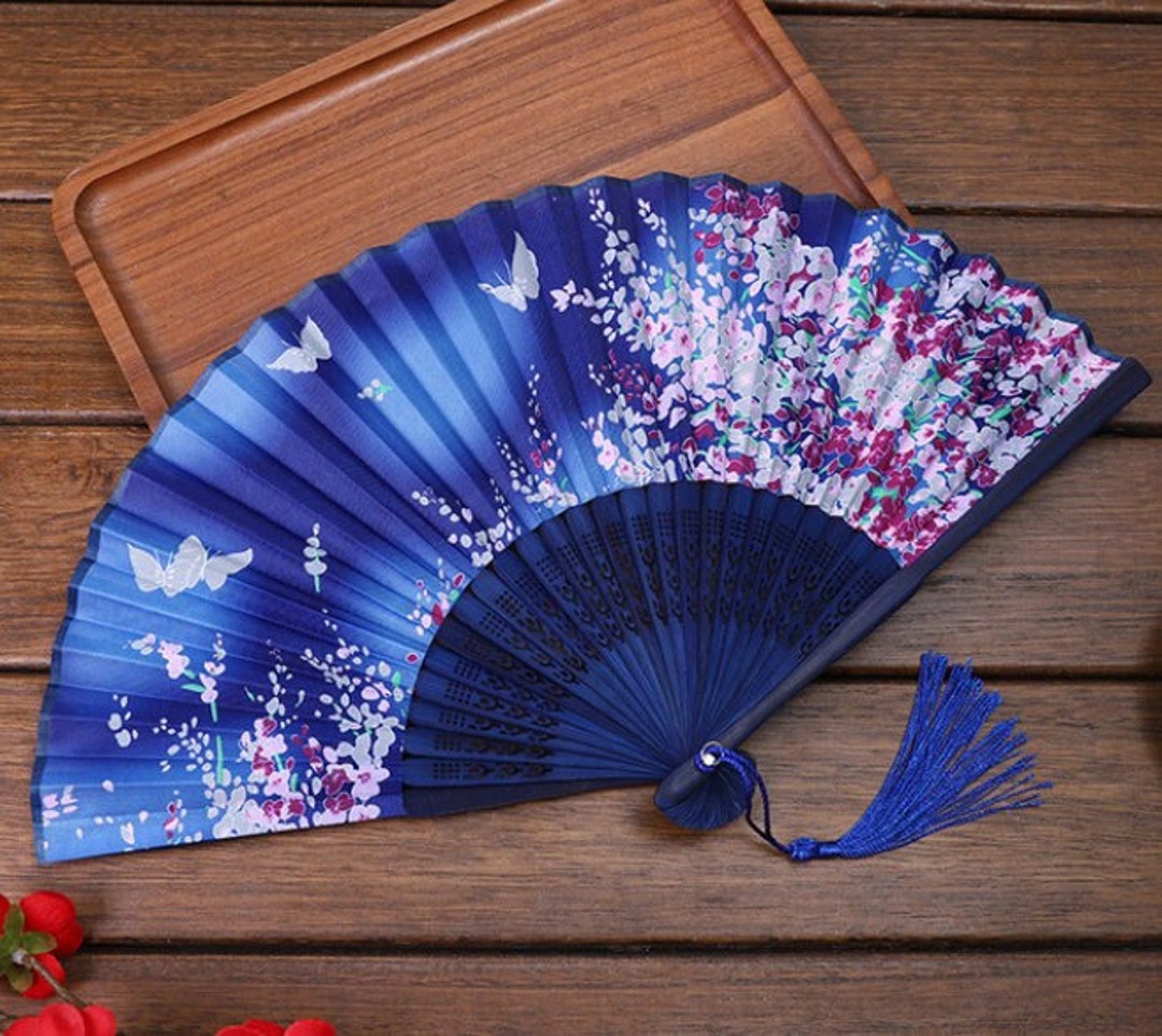 Royal Blue Butterfly Flower Silk Bamboo Fan Handheld Folding Fans ...
