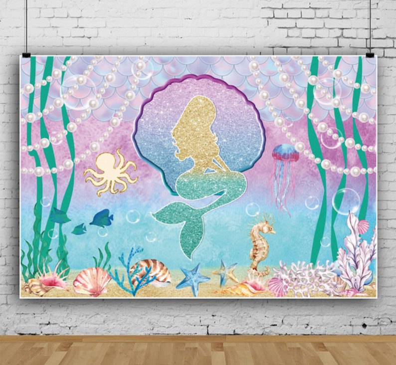 Mermaid Underwater World Backdrops Banner Pearls Coral Birthday ...