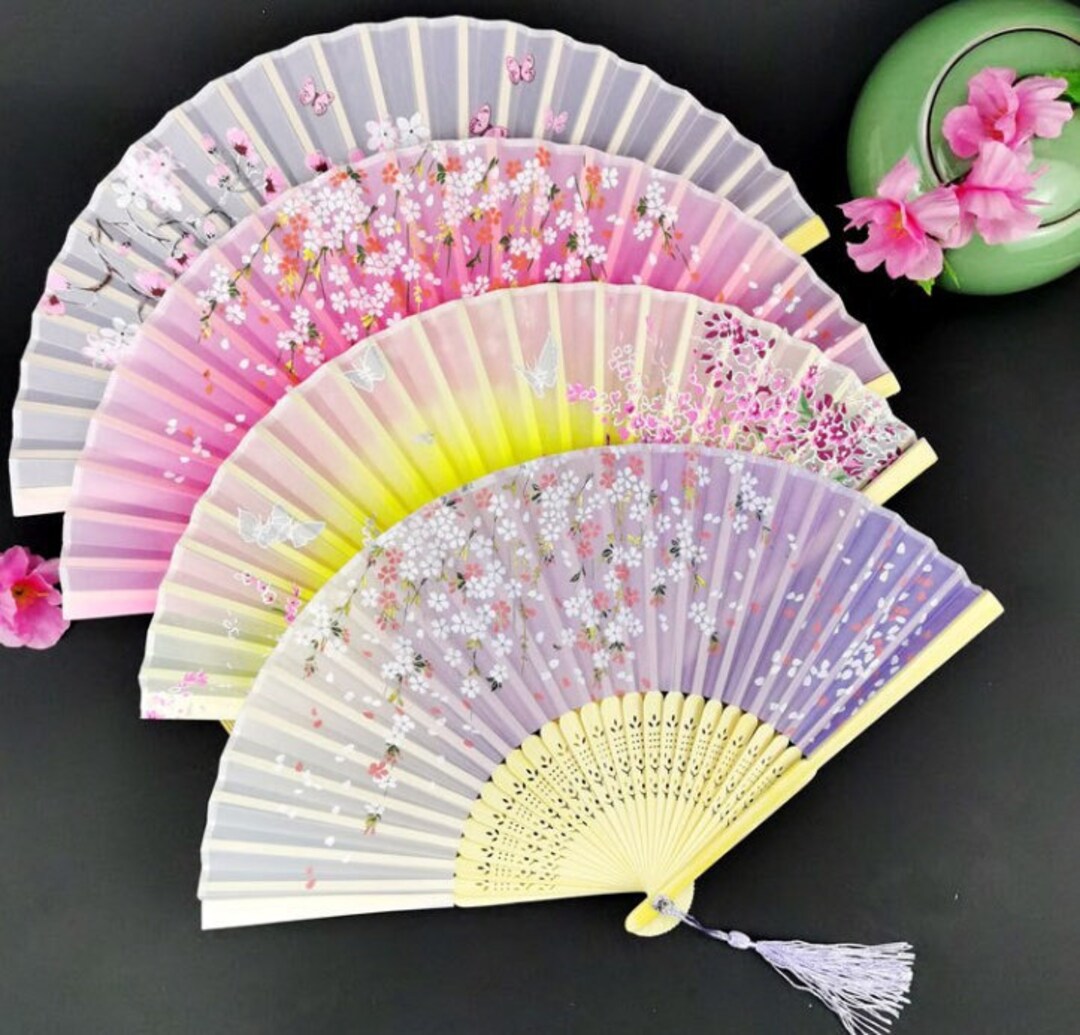 Silk Bamboo Floral Handheld Folding Fans Butterfly Flowers Fabric Hand ...