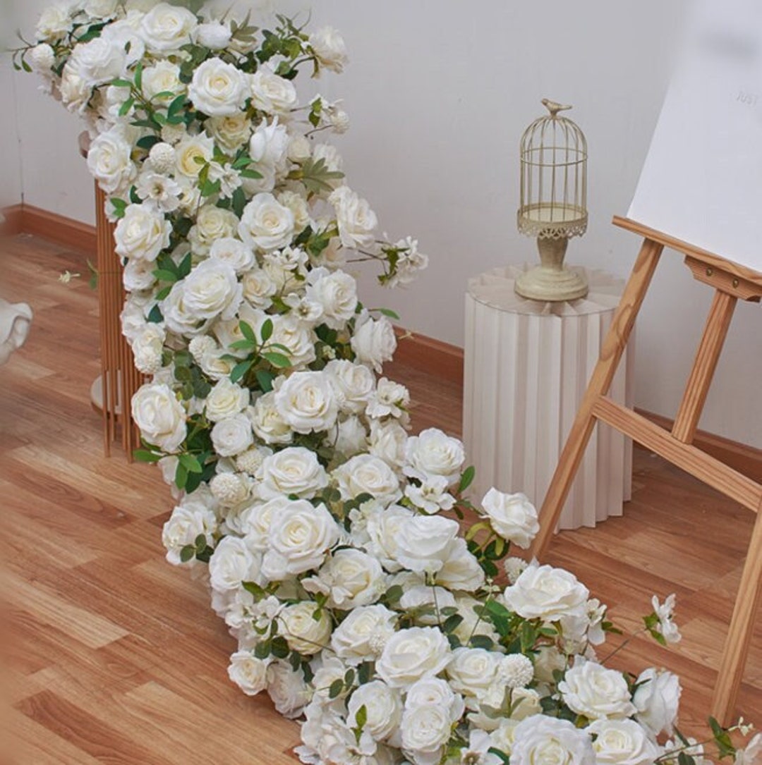Table Flower Runner Wedding Aisle Flower White Silk Rose Flower Row ...