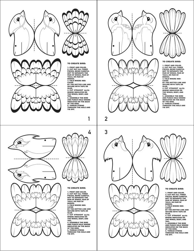 DIY Color Your Own Mobile Bird Craft -blue Jay, Cardinal, Chickadee ...