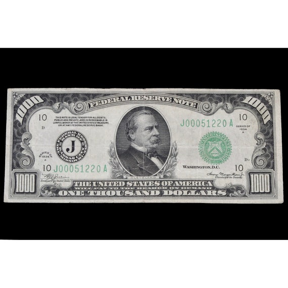 Rare One Thousand Dollar Bill 1934 Series d4 Kansas C… - Gem