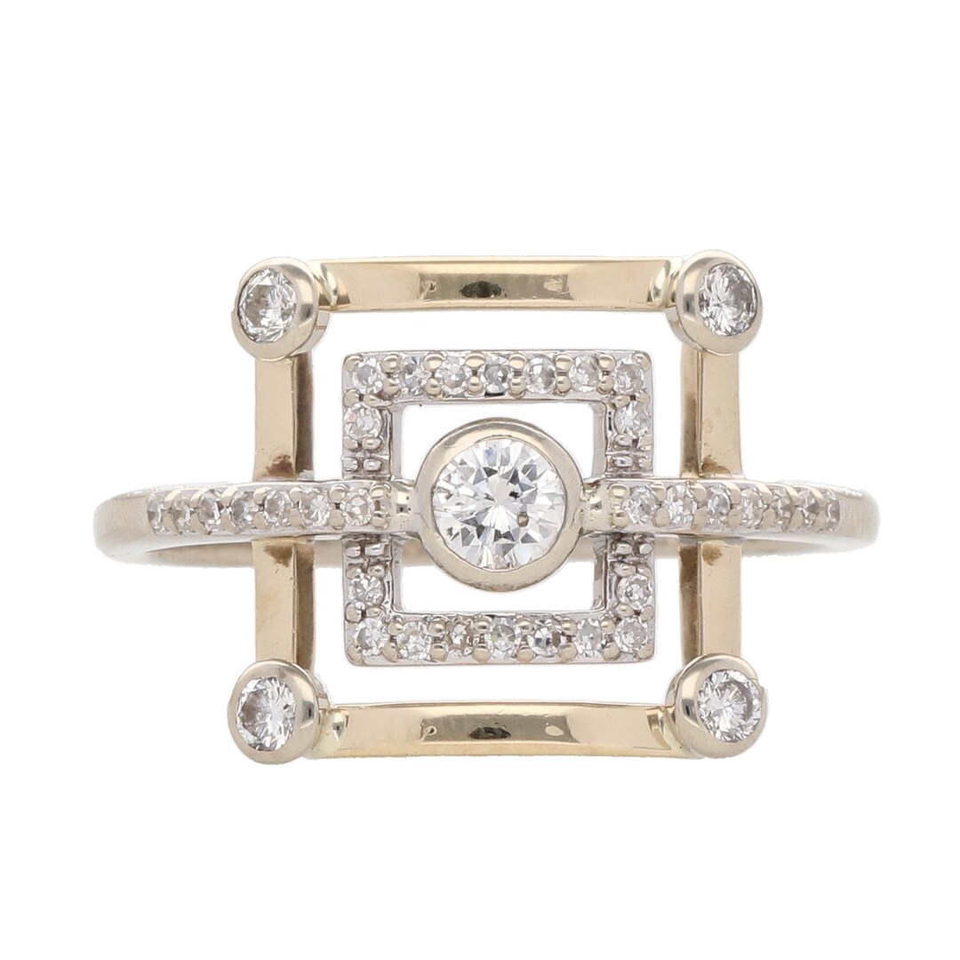 14K Gold Two Tone Diamond Geometric Square Ring - Etsy