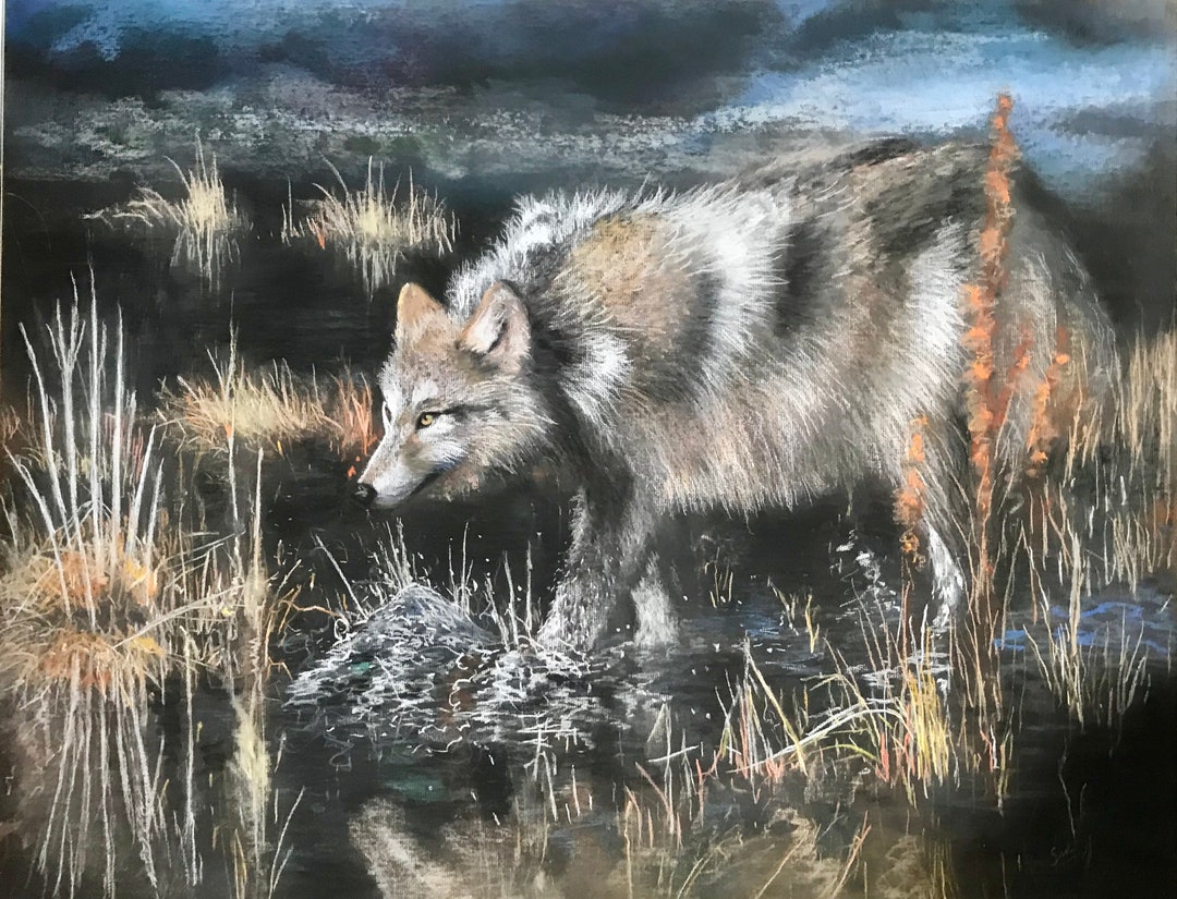 Original Wolf Painting Large Format Wildlife Art Wolf in the Marshland ...