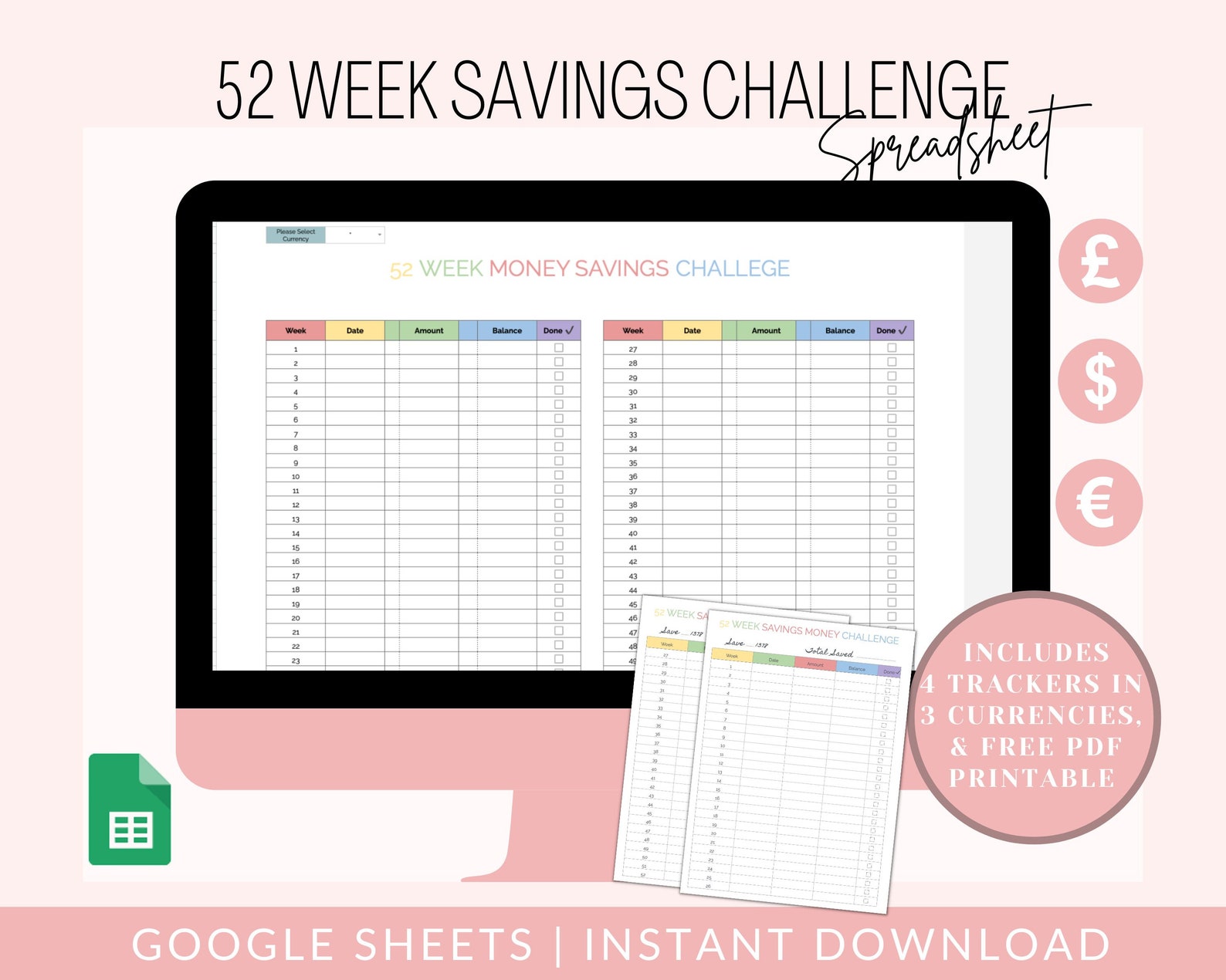 52 Week Savings Challenge Spreadsheet FREE Pdf Printable - Etsy