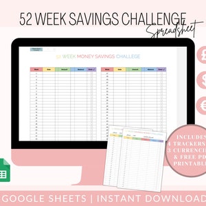 52 Week Savings Challenge Spreadsheet FREE Pdf Printable - Etsy