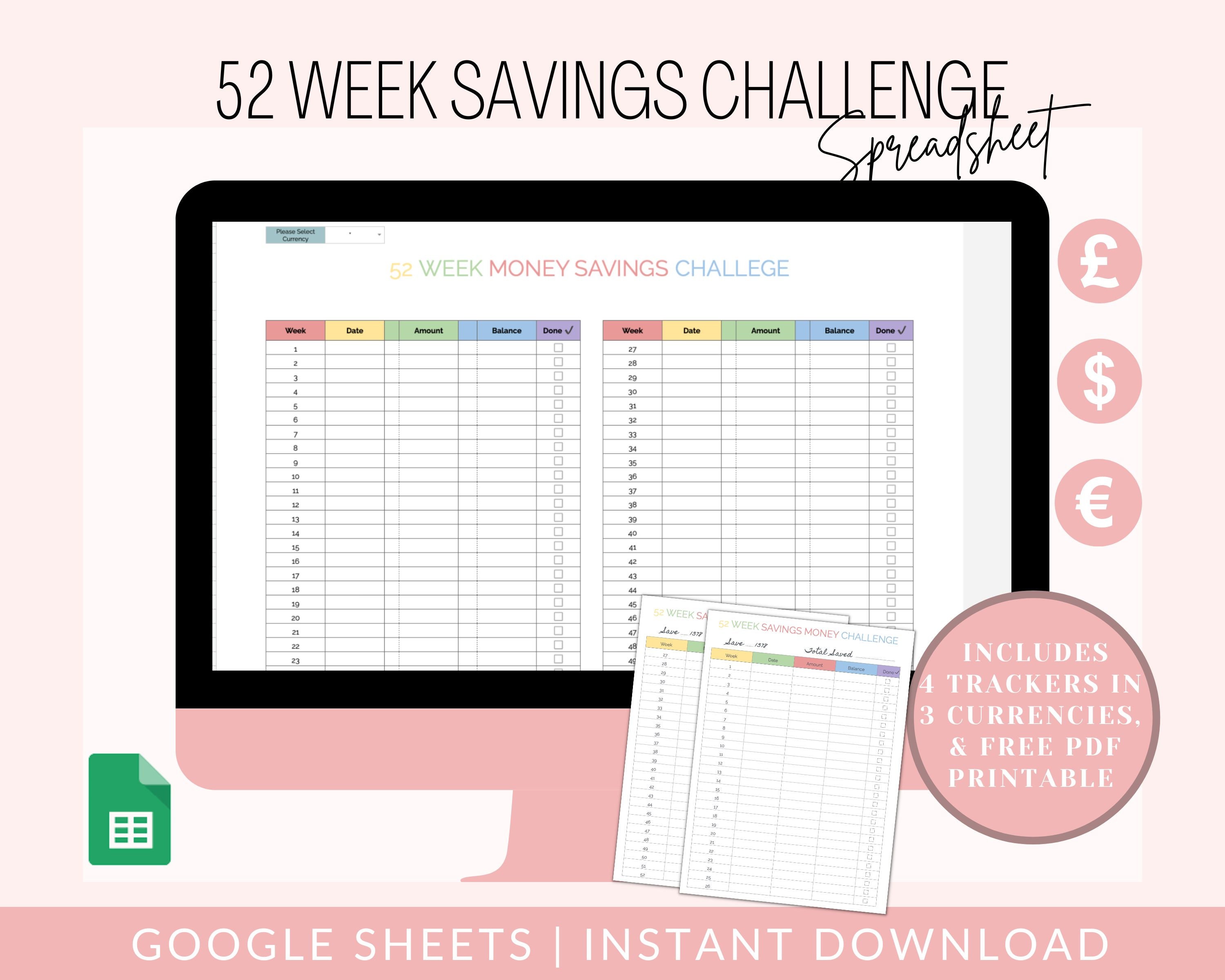52 Week Savings Challenge Spreadsheet + FREE Pdf Printable, Savings ...