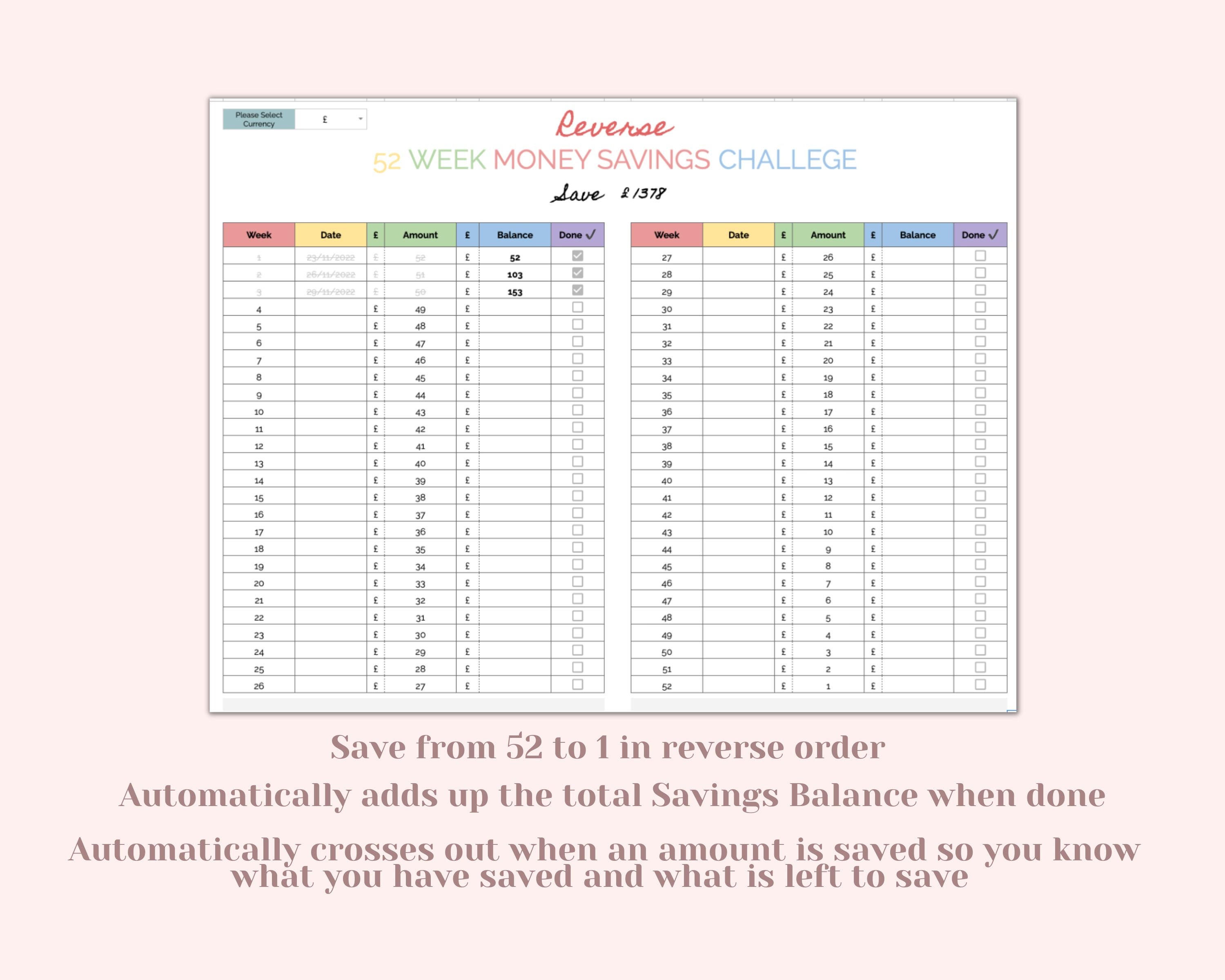 52 Week Savings Challenge Spreadsheet + FREE Pdf Printable, Savings ...