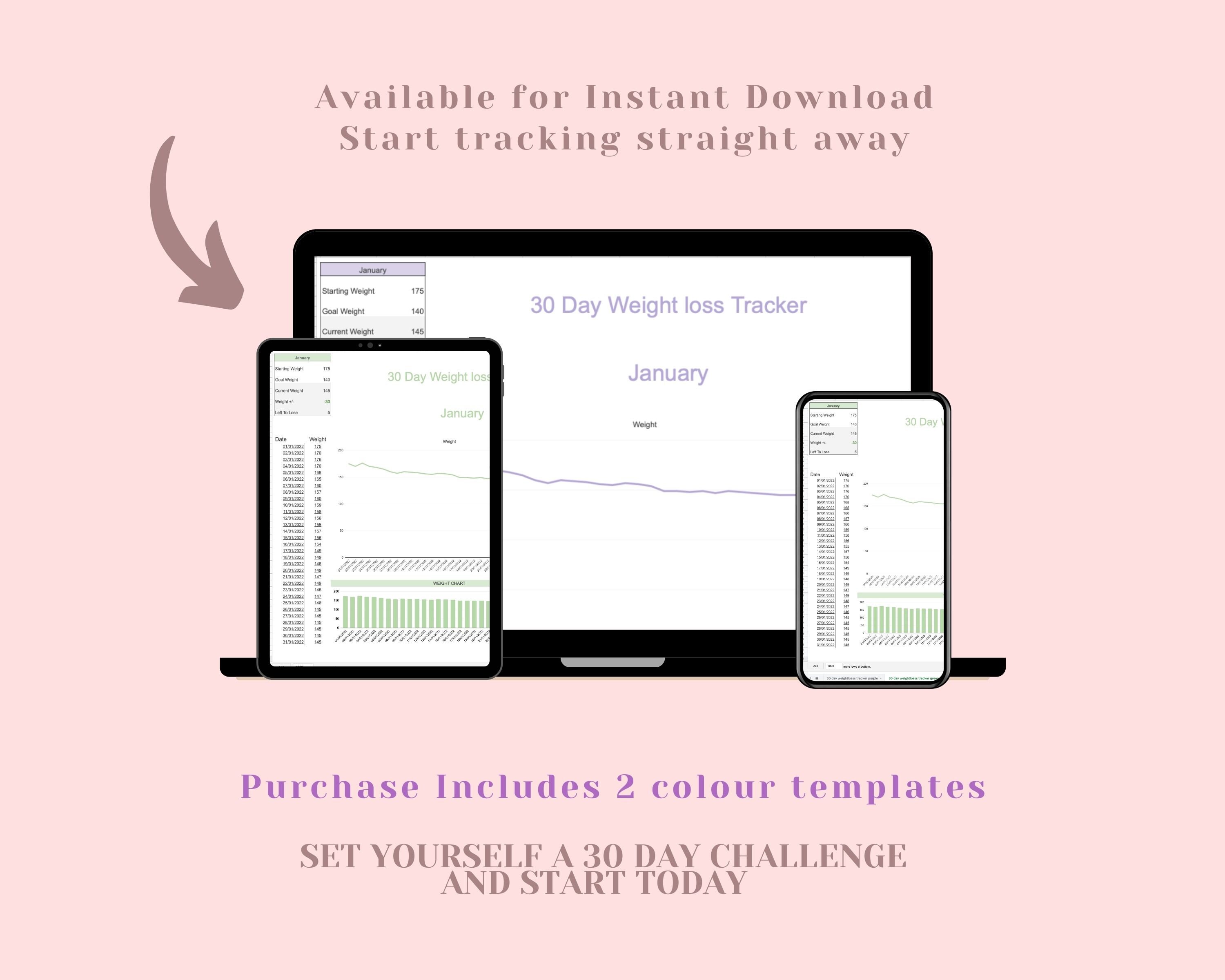 30 Day Weight Loss Tracker Template Spreadsheet, Weight Loss Chart ...