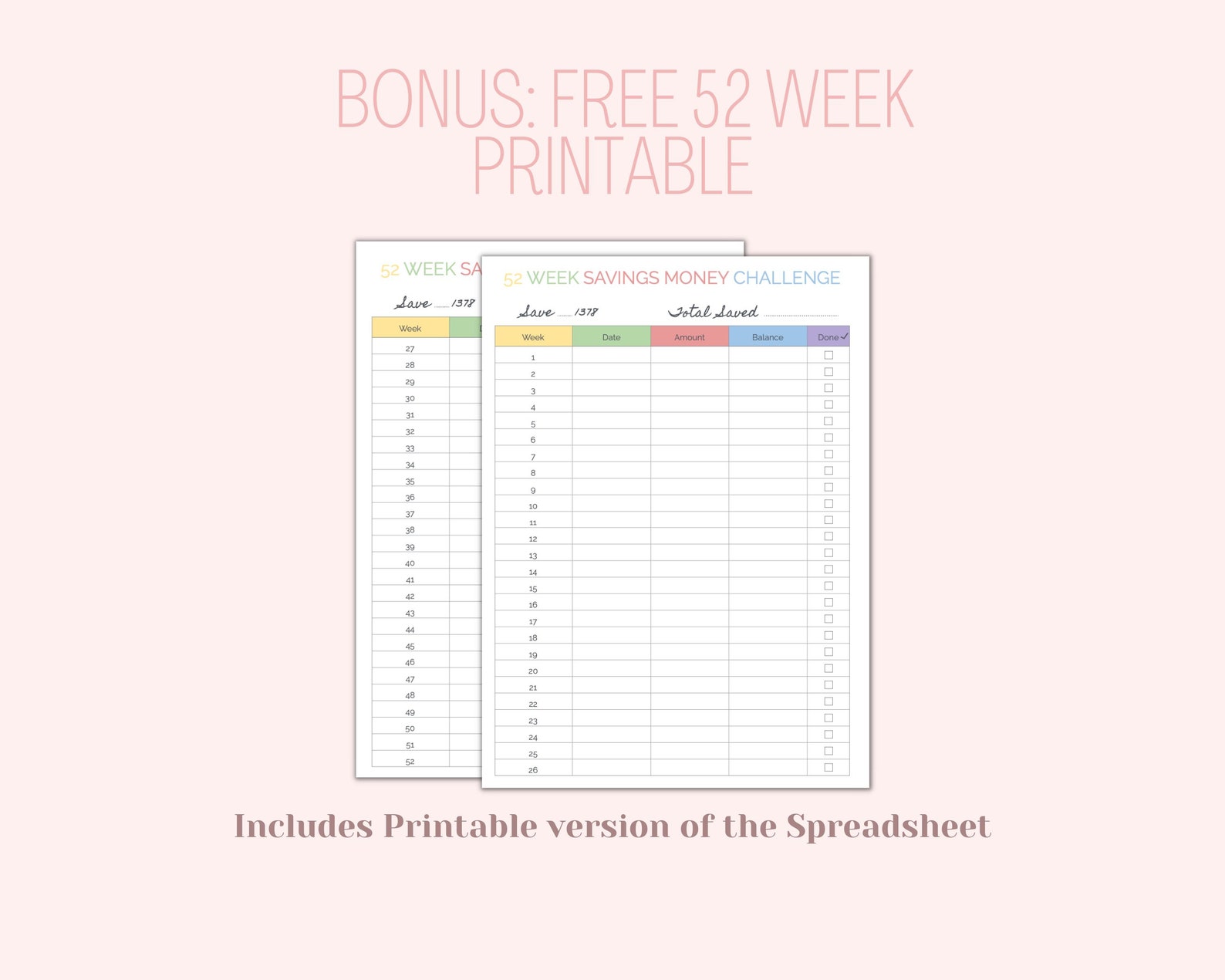 52 Week Savings Challenge Spreadsheet + FREE Pdf Printable, Savings ...