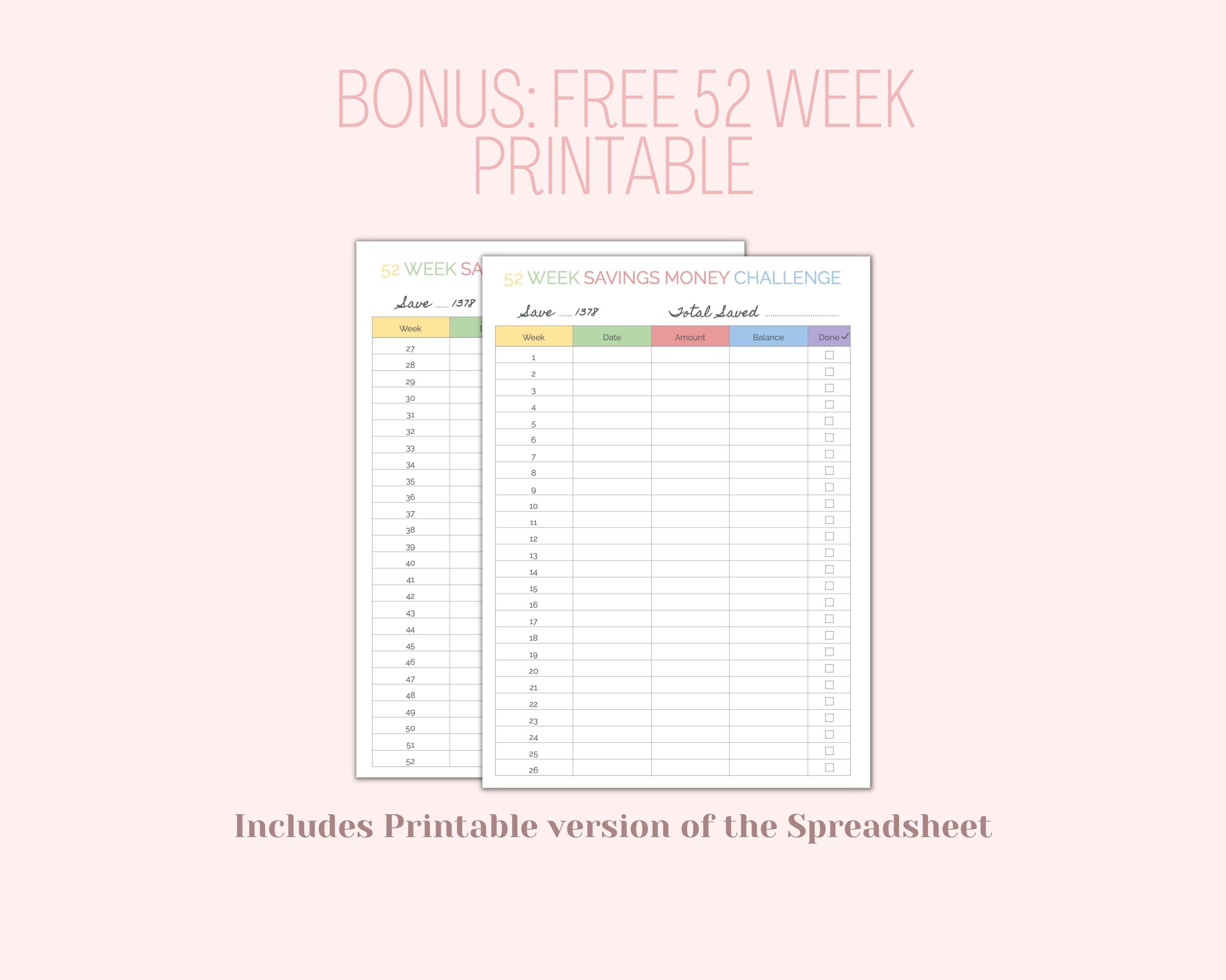 52 Week Savings Challenge Spreadsheet + FREE Pdf Printable, Savings ...