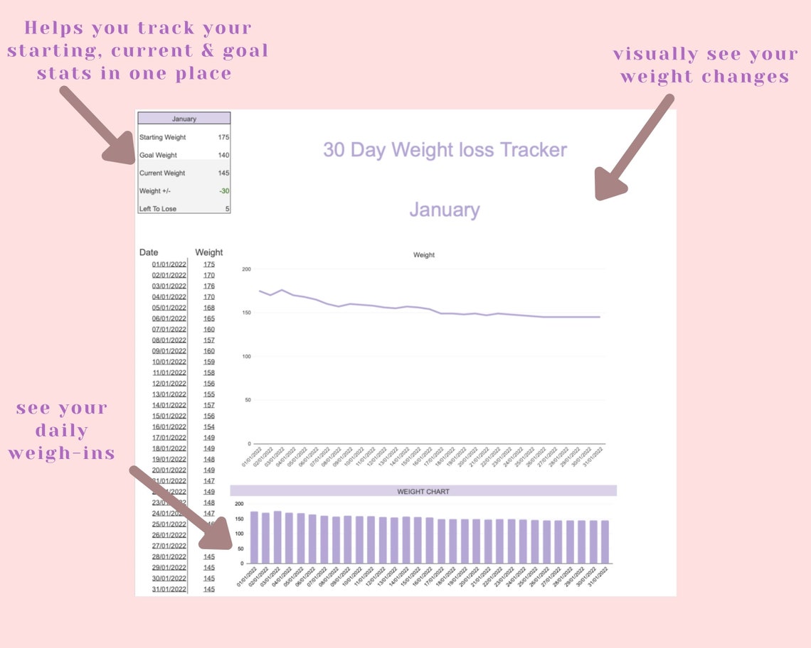 30 Day Weight Loss Tracker Template Spreadsheet, Weight Loss Chart ...
