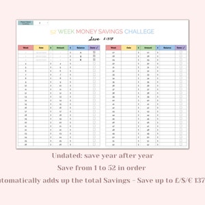 52 Week Savings Challenge Spreadsheet FREE Pdf Printable - Etsy