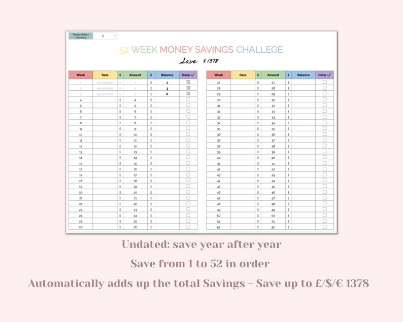 52 Week Savings Challenge Spreadsheet FREE Pdf Printable - Etsy
