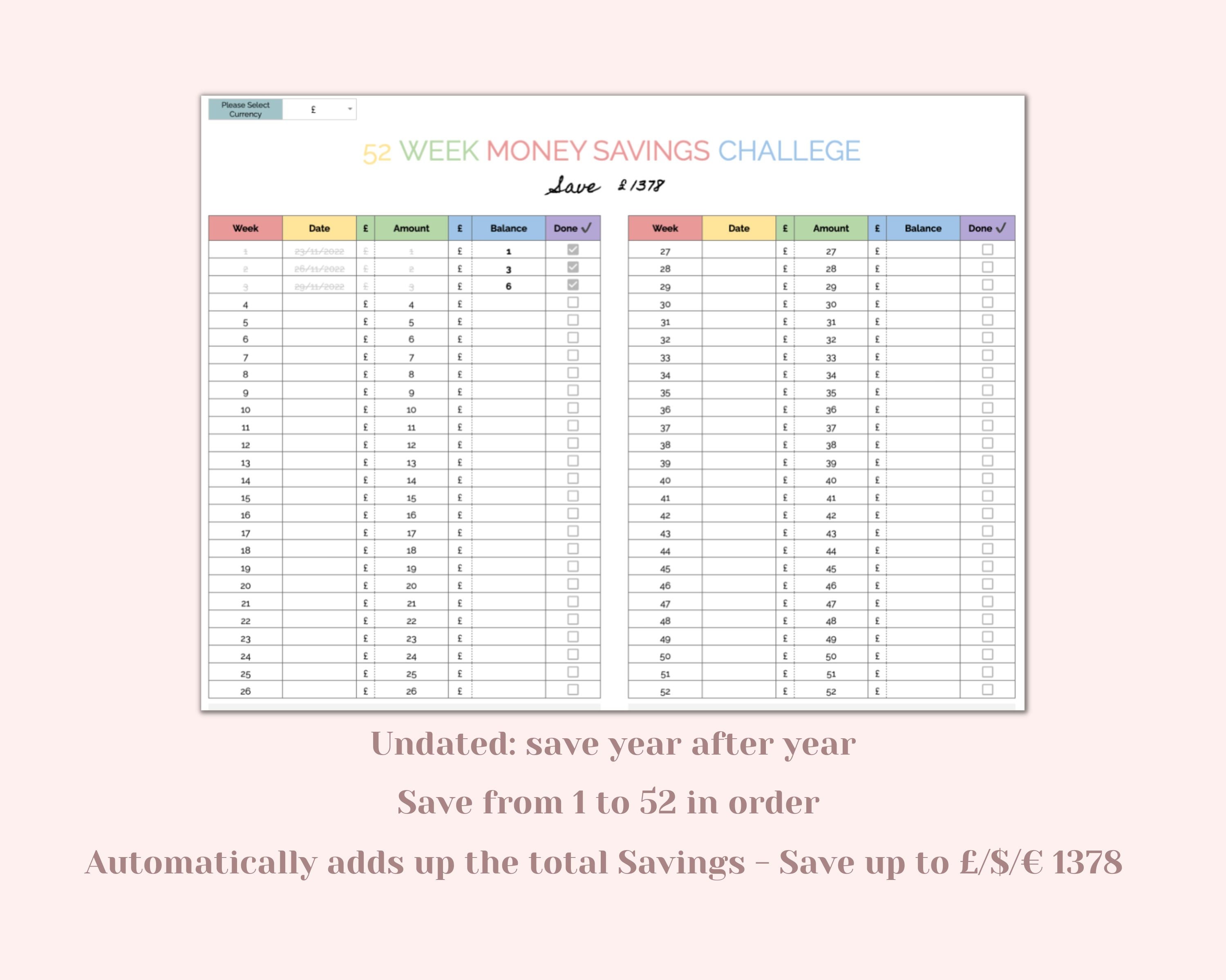 52 Week Savings Challenge Spreadsheet + FREE Pdf Printable, Savings ...