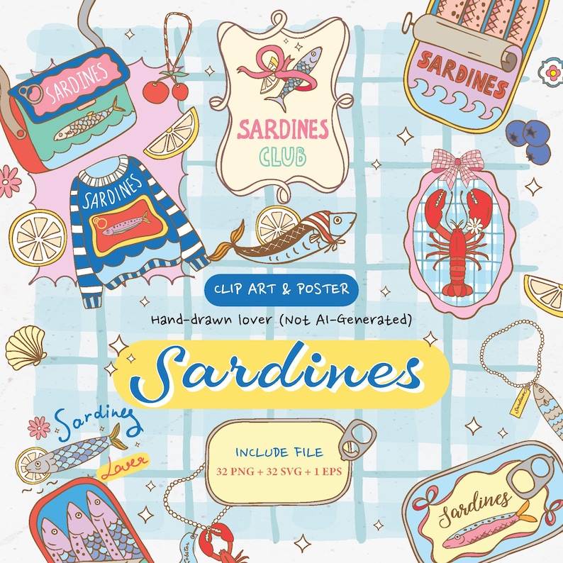 Sardine Clipart Set,fisherman Aesthetic Retro Seafood SVG Png,tinned ...