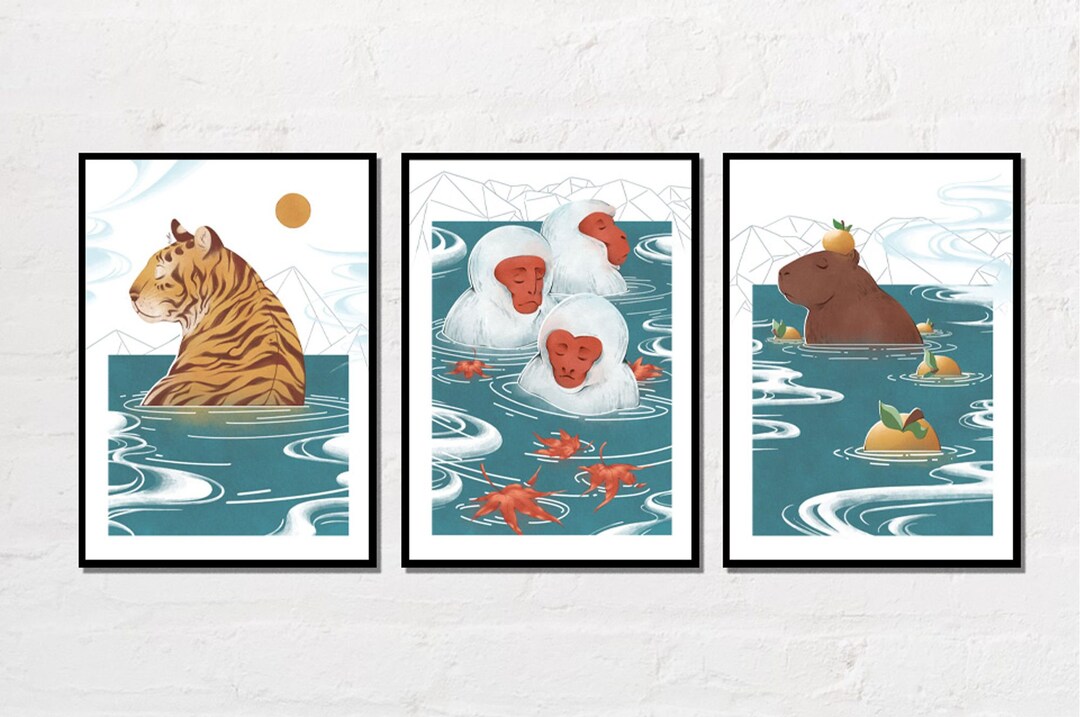 A4 Japanese Hot Spring Animals Capybara, Tiger, Monkey Wall Art Print ...