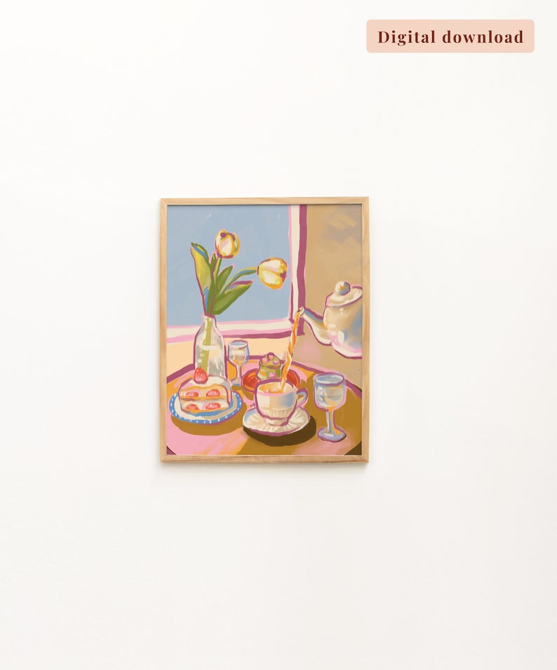 Charming Tea Time Art Print – Vibrant Pastel Painting With Tulips, Cake ...