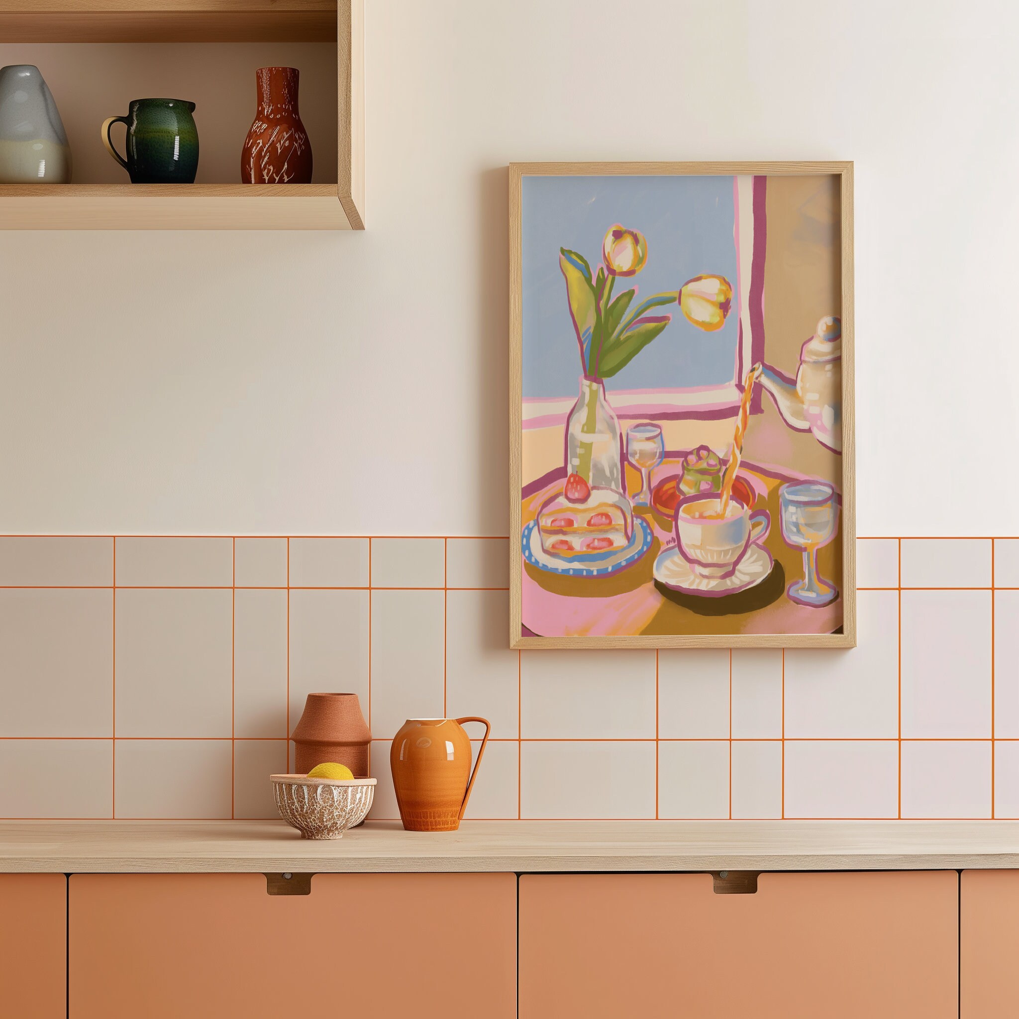 Charming Tea Time Art Print – Vibrant Pastel Painting With Tulips, Cake ...