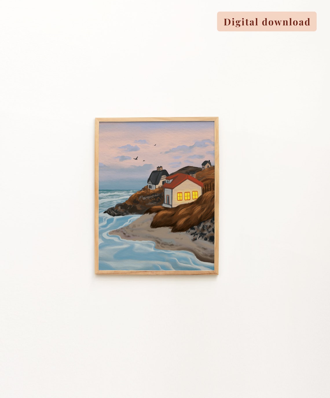 Tranquil Seaside Beach Wall Art - Pastel Drawing of Houses and Birds on ...