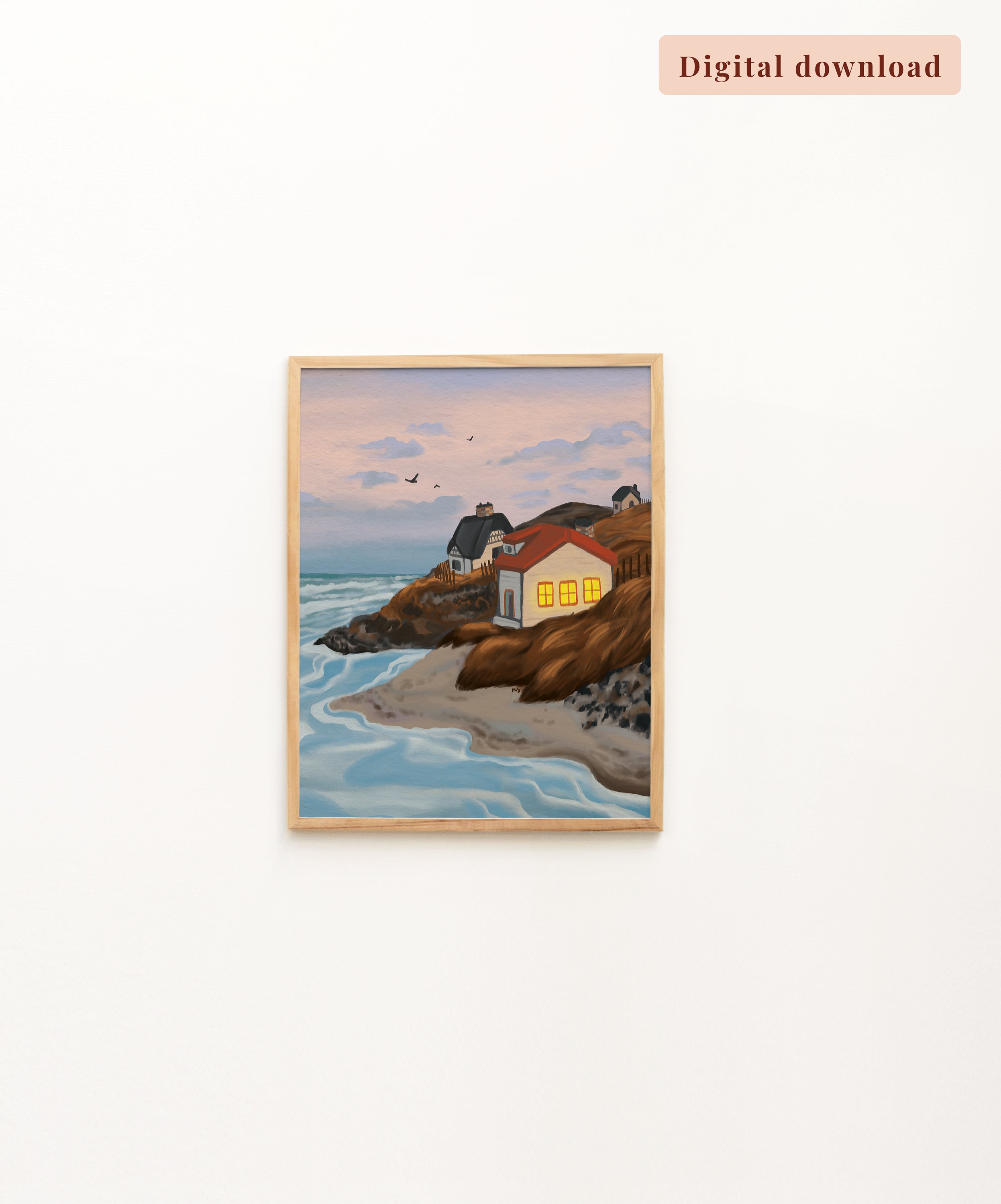 Tranquil Seaside Beach Wall Art - Pastel Drawing of Houses and Birds on ...
