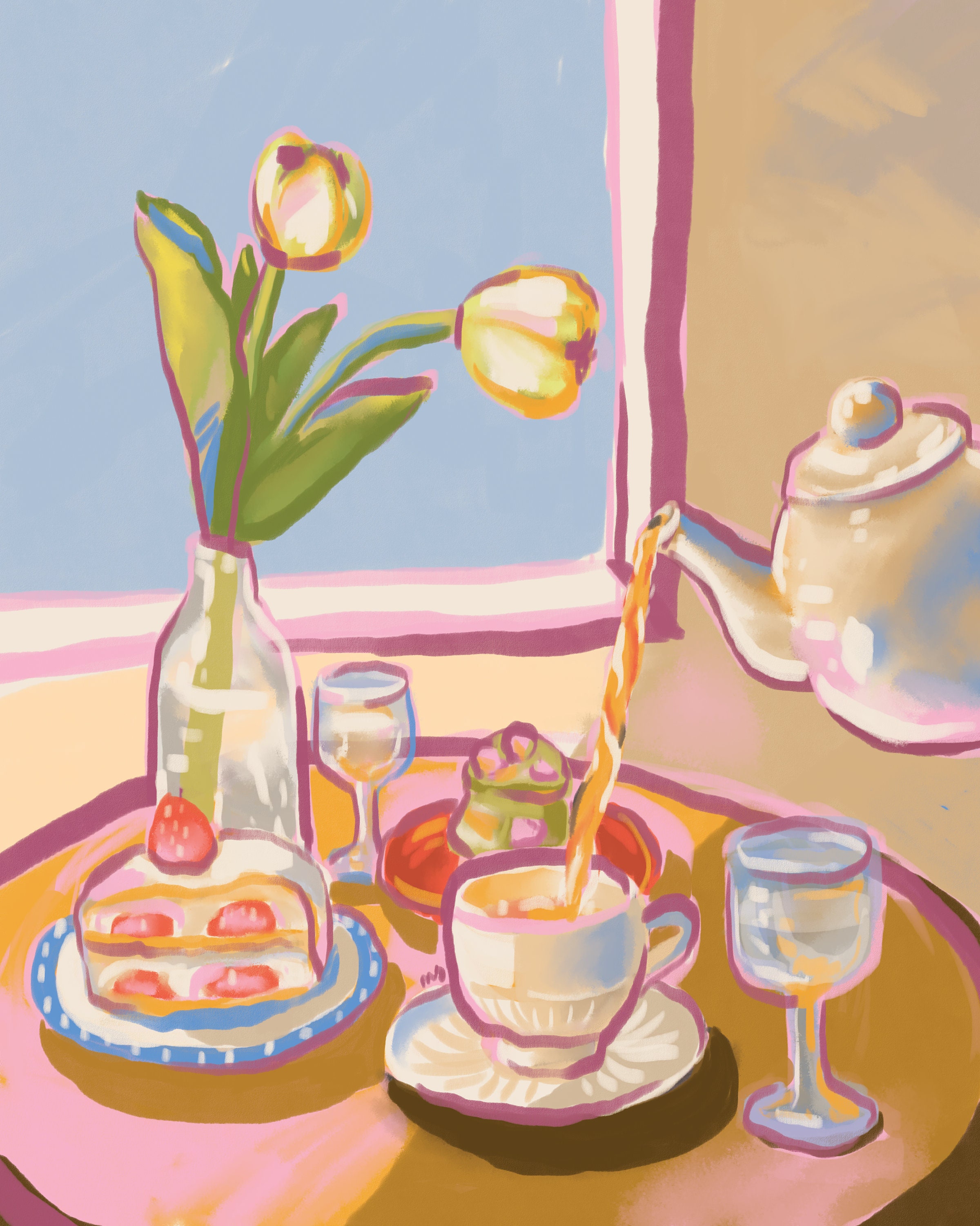 Charming Tea Time Art Print – Vibrant Pastel Painting With Tulips, Cake ...