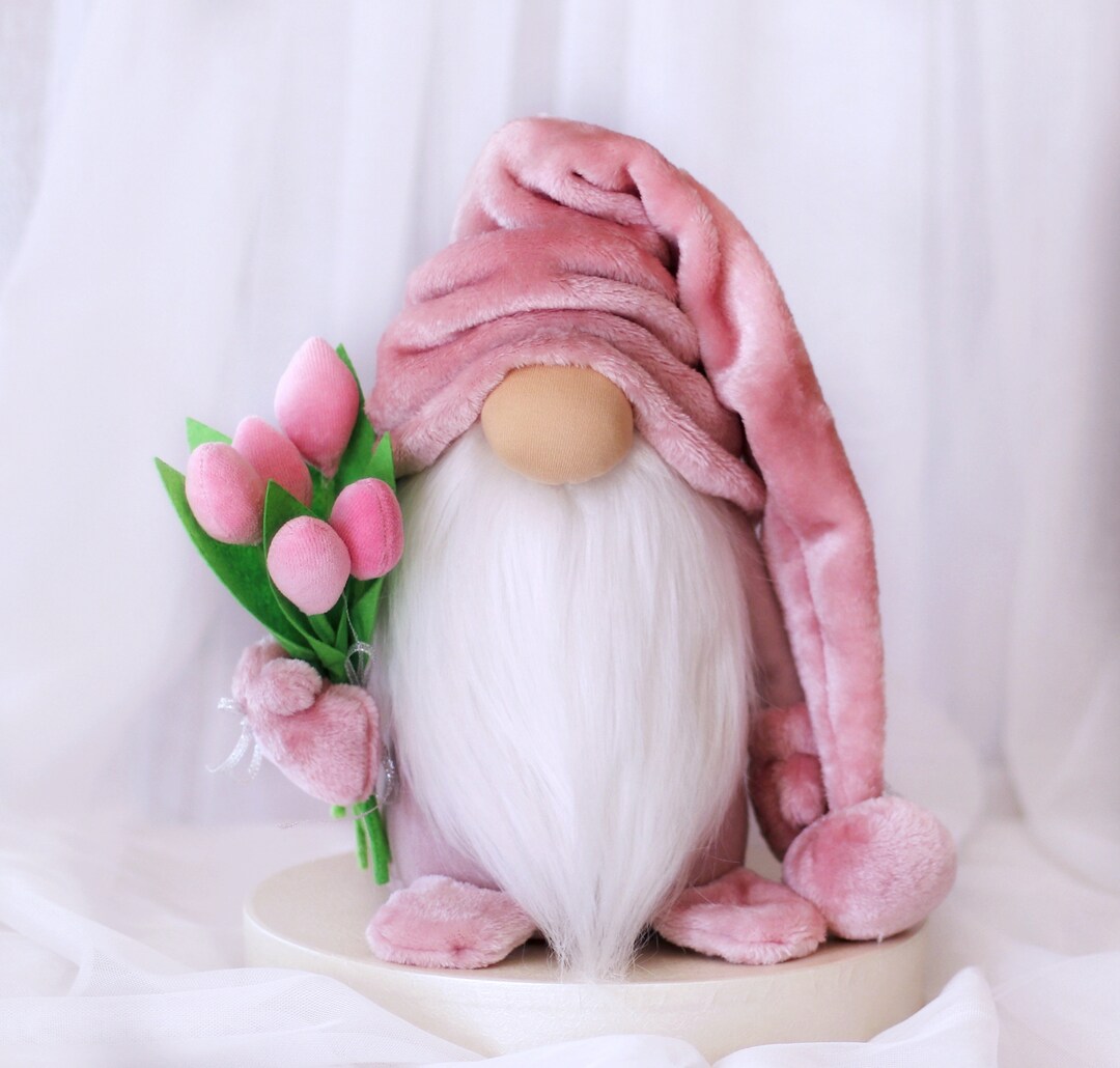 Scandinavian Gnome in a Pink Fluffy Hat Gnome With a Bouquet of Pink ...