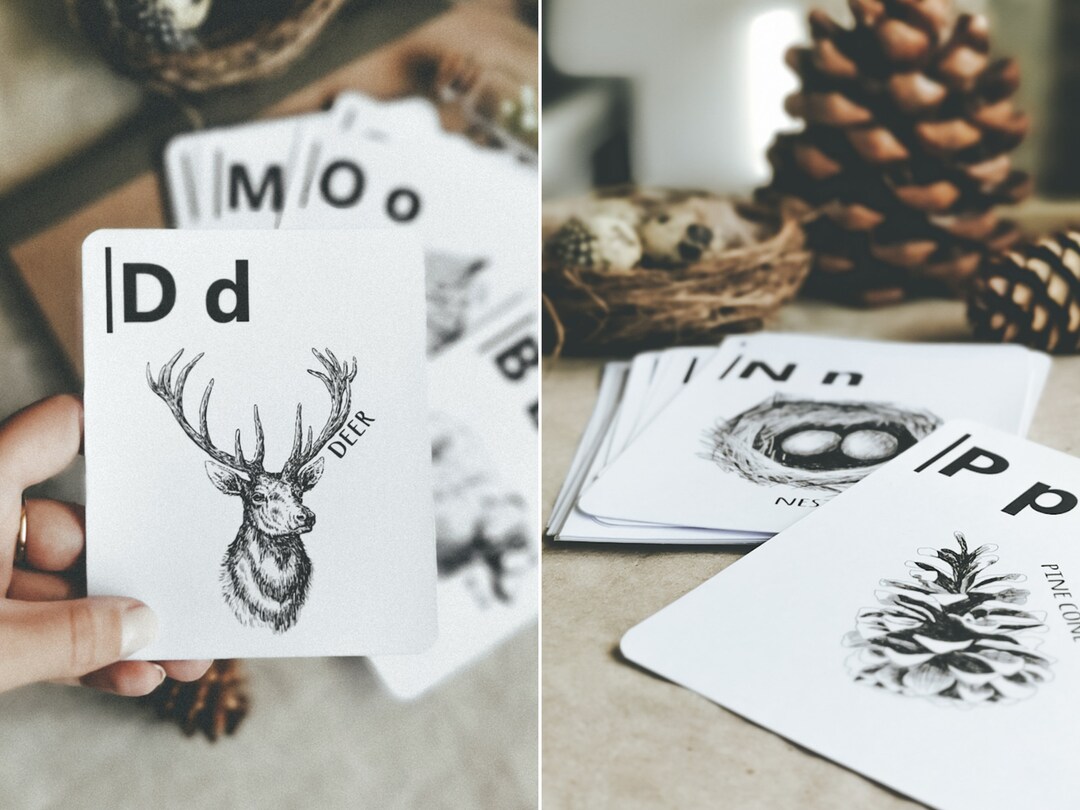English Alphabet Cards, Printable Flash Cards, Woodland Nursery Decor ...