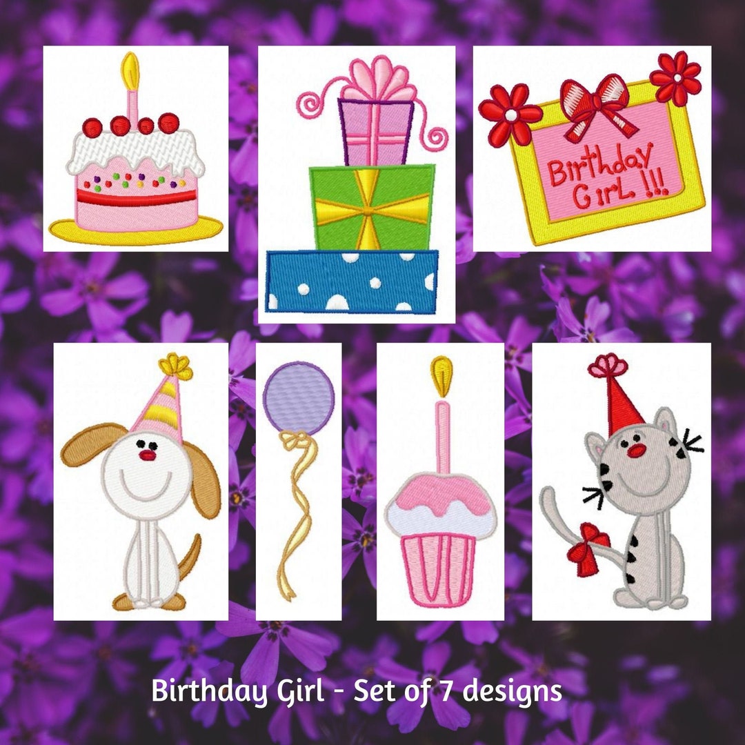 Birthday Girl Machine Embroidery Designs, Birthday Cake, Party Hat ...