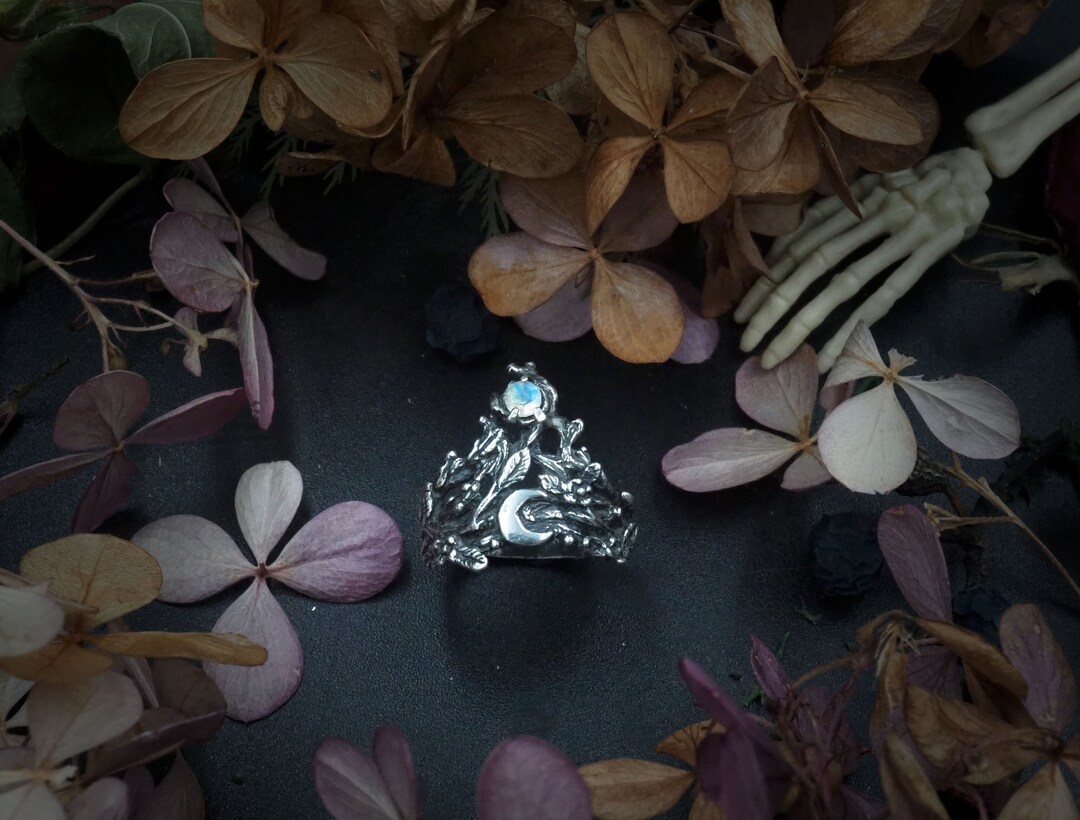 Woodland Diadem Ring With Crescent Moon, Sterling Silver Forest Crown ...
