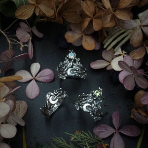Woodland Diadem Ring With Crescent Moon, Sterling Silver Forest Crown ...
