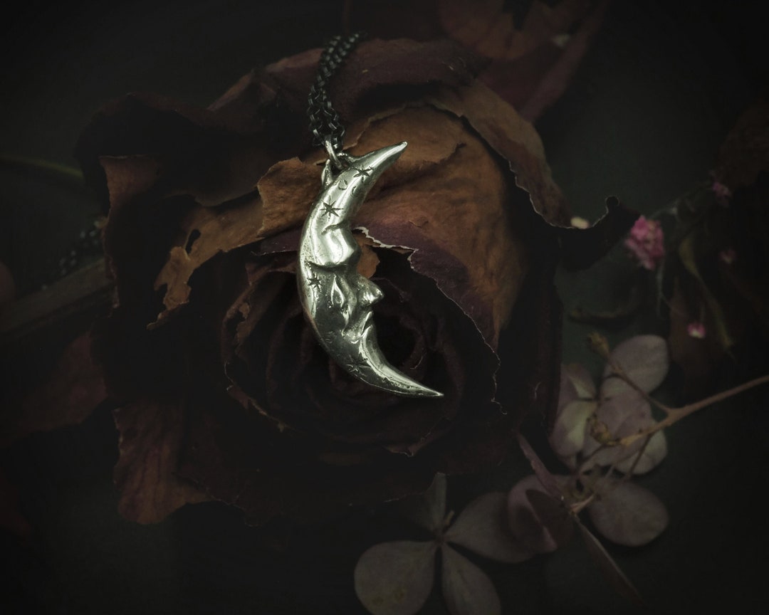 Crying Moon Necklace, Sad Mr Moon Sterling Silver Pendant. Celestial ...